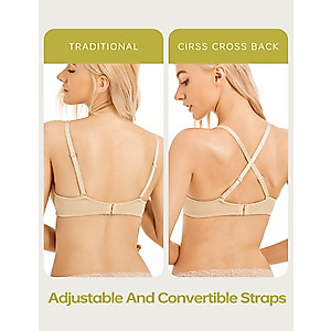 Wingslove Women's Push Up Bra Deep V Plunge Underwire T-Shirt Bra Multiway 2 Cups Up（Nude,32D