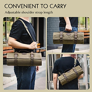 HEZHEN Chef Knife Roll Bag 16oz Oil Waxed Canvas, Heavy Duty Portable Backpack Knife Case Storage, 12 Slots & 2 Zipper Pockets, Detachable Adjustable Leather Shoulder Strap Belt（Not Included Knives）