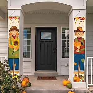2 Pcs Thanksgiving Porch Sign Banner Fall Harvest Banner Autumn Scarecrow Maple Leaves Pumpkin Hanging Door Sign for Indoor Outdoor Home Party Decorations, 12 x 71 Inch