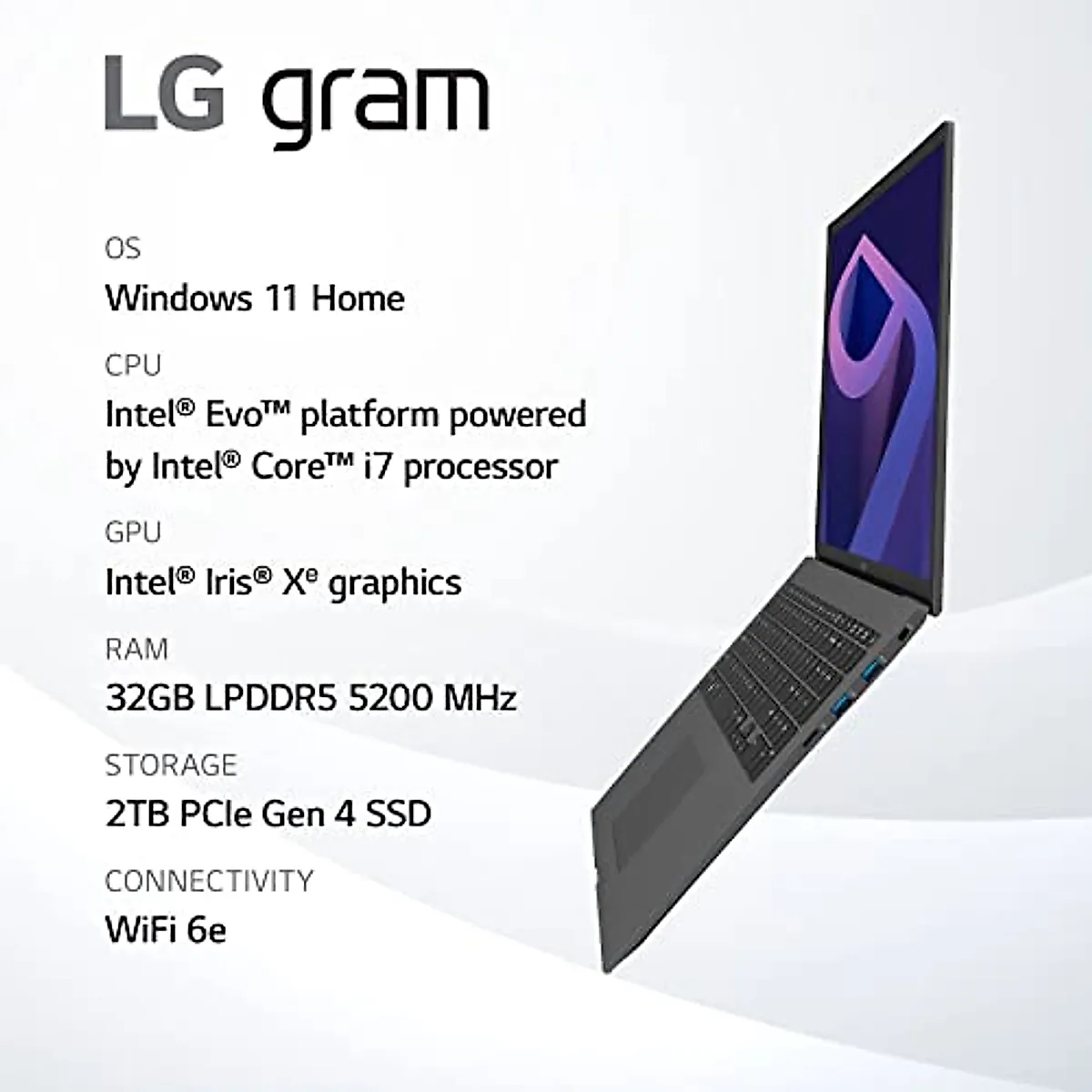 LG gram (2022) 17Z90Q Ultra Lightweight Laptop, 17" (2560 x 1600) IPS Display, Intel Evo 12th Gen i7 1260P Processor, 32GB LPDDR5, 2TB NVMe SSD, FHD Webcam, WiFi 6E, Thunderbolt 4, Windows 11, Gray
