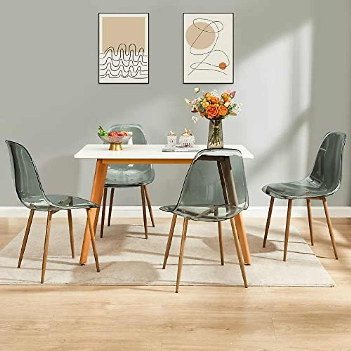 GreenForest Acrylic Ghost Chairs Set of 4, Dining Kitchen Room Chairs with Crystal Seat, Modern Shell Lounge Chair, Greyish Green