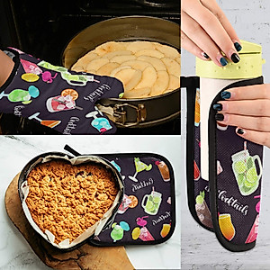 Drinks and Cocktails Drawn Kitchen Oven Mitts Pot Holders Sets Heat Resistant Machine Washable BBQ Gloves for Cooking Baking Grilling