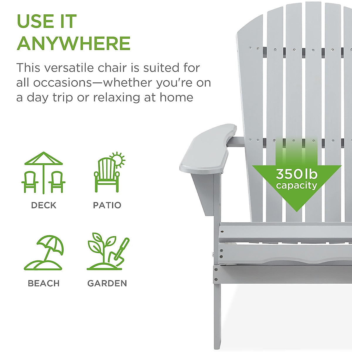 Best Choice Products Folding Adirondack Chair Outdoor Wooden Accent Furniture Fire Pit Lounge Chairs for Yard, Garden, Patio w/ 350lb Weight Capacity - Gray