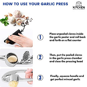 Premium Garlic Press Set - Easy to Squeeze Ergonomic Handle Garlic Crusher - Rust Proof & Dishwasher Safe Garlic Mincer Tool, Garlic Press Stainless Steel, Garlic Peeler & Brush (Chrome Silver)