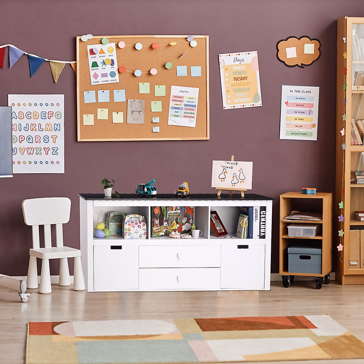 HobbyField Kids Toy Storage Organizer with with 2 Drawers,Toy Storage Organizer with Bookshelf，Movable Drawers & Blackboard Top for Boys Girls Toddler Classroom Bookcase for Bedroom,Playroom,Nursery