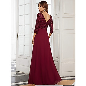 Ever-Pretty Women's Elegant Formal Dress V-Neck Long Sleeve Sequin Maxi Chiffon Evening Dresses Burgundy US04