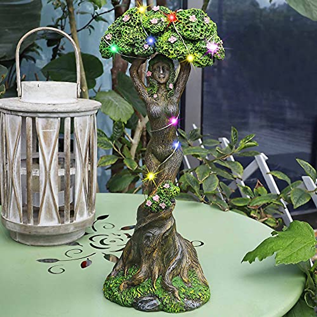 FORUP 14 Inch Tree Goddess Garden Statue, Resin Dryad Garden Figurine with 18 LEDs, Solar Powered Lighted Garden Sculpture for Outdoor Patio Lawn Yard Garden Decorations