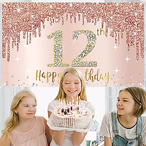 12th Birthday Banner Decorations for Girls, Rose Gold Happy 12 Birthday Backdrop Party Supplies, Pink 12 Year Old Birthday Sign Poster Background Photo Booth Props Decor