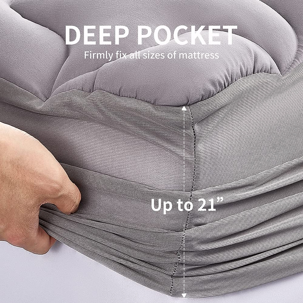 SLEEP ZONE Mattress Topper Twin, Cooling Mattress Pad, Quilted Fitted Mattress Cover, Machine Washable Mattress Protector, Soft Fluffy Down Alternative, Deep Pocket 8~21 inch (Grey, Twin)
