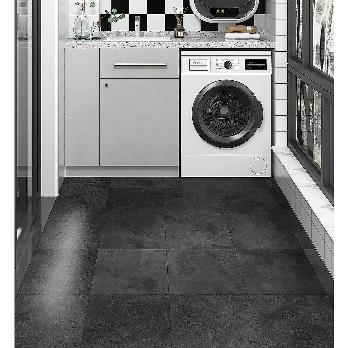 Livelynine 16-Pack Retro Peel and Stick Floor Tile Concrete Slate Gray Vinyl Flooring Stick on Floor Tiles for Bathroom Kitchen Bedroom Waterproof Removable Sticky Laminate Flooring Sheets 12X12 Inch