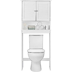 Squareful Over-The-Toilet Bathroom Storage Shelf, Freestanding Storage Organizer w/Louvre Door & 1 Open Shelf, Bathroom Space Saver, White, (HW66126)