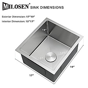 MILOSEN Bar Sink Undermount 17×19 Inch, Wet Bar Prep Kitchen Sink, Small RV Kitchen Sink Single Bowl, Small Stainless Steel Undermount Bar Sink