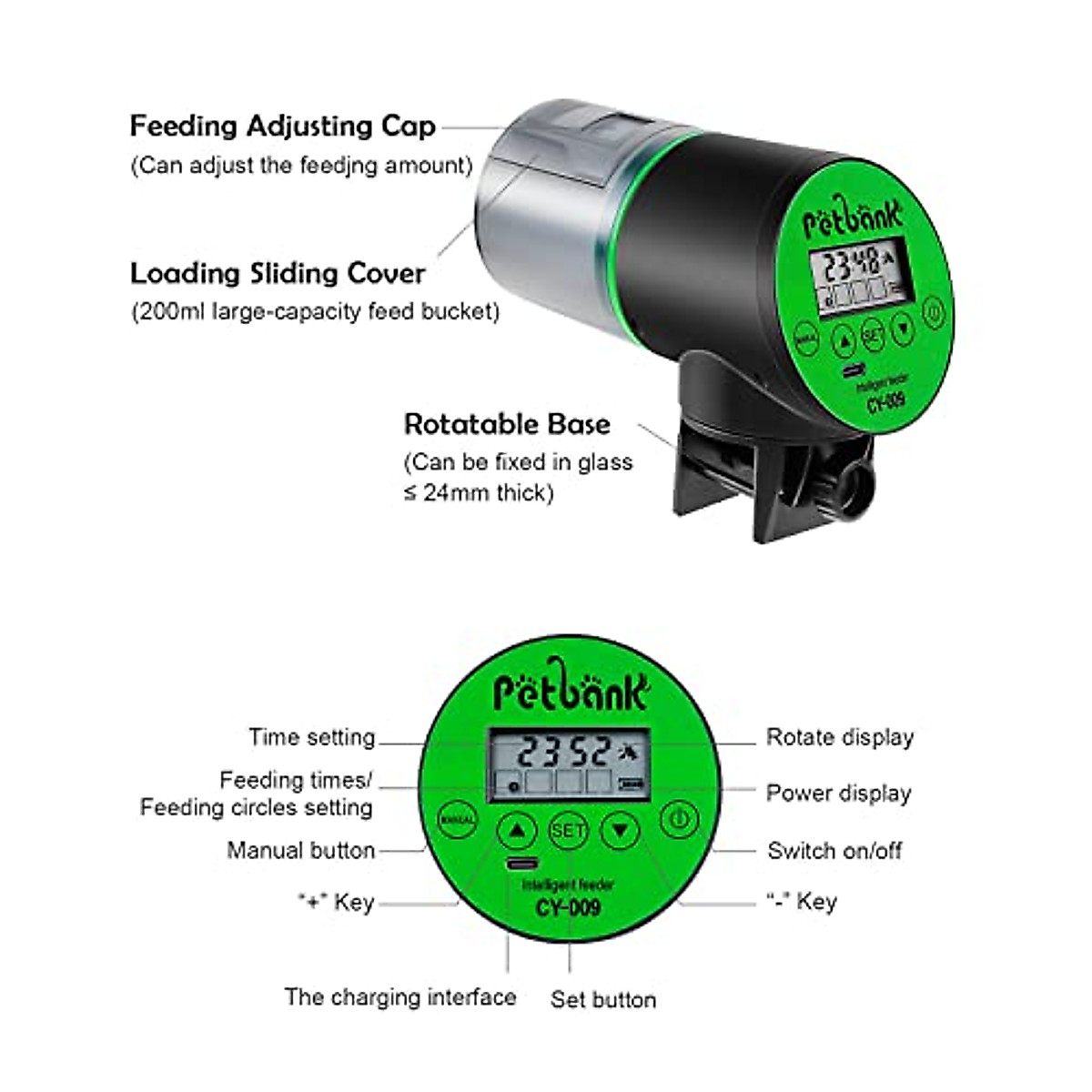 Petbank Automatic Fish Feeder - Rechargeable Timer Fish Food Dispenser with USB Charger Cable, for Aquarium or Fish Tank