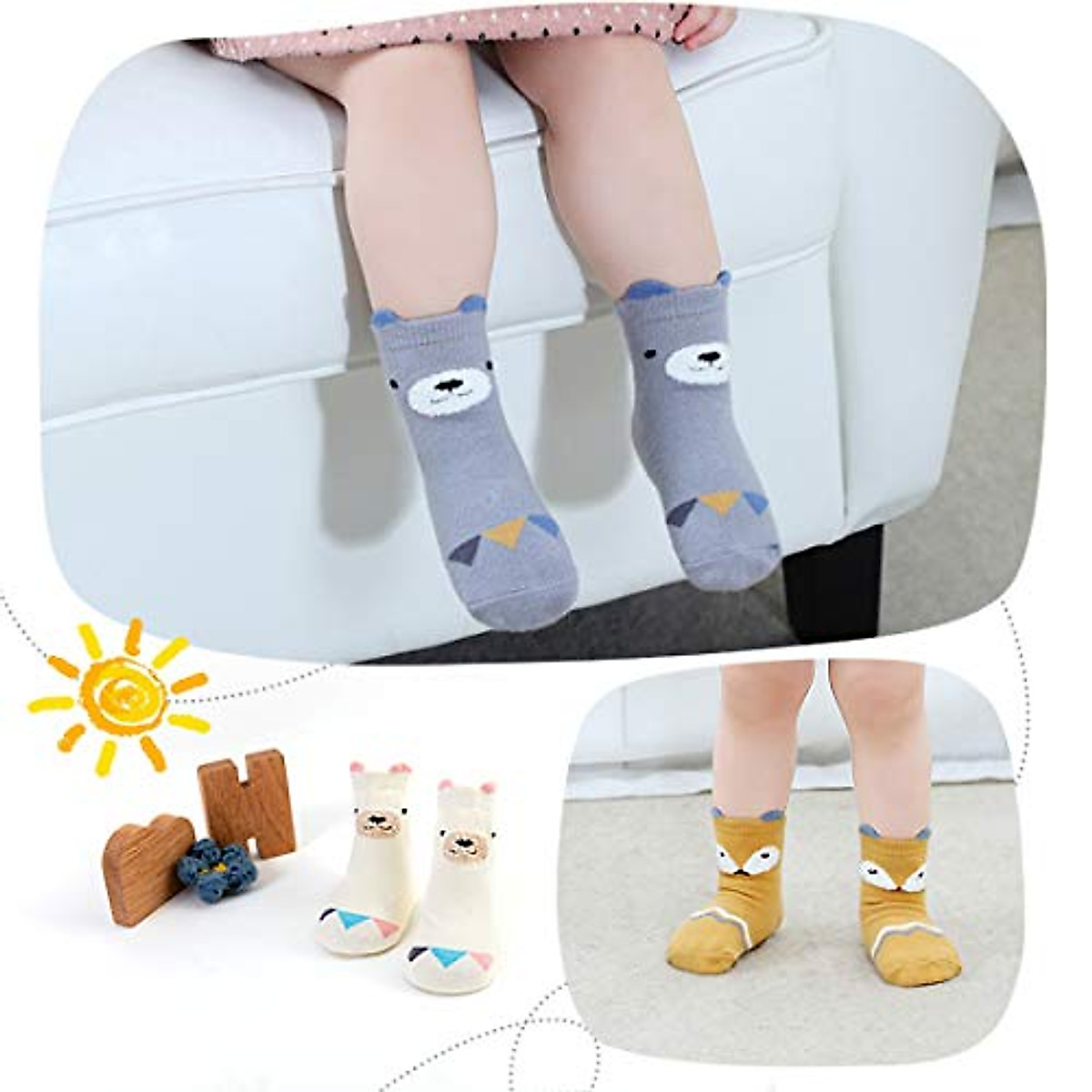 Fanairy Baby Boys Girls Socks with Grips Toddler Infant Non-Skid Crew Cotton Cartoon Socks 12 Pack, Assorted Color, 1-3T
