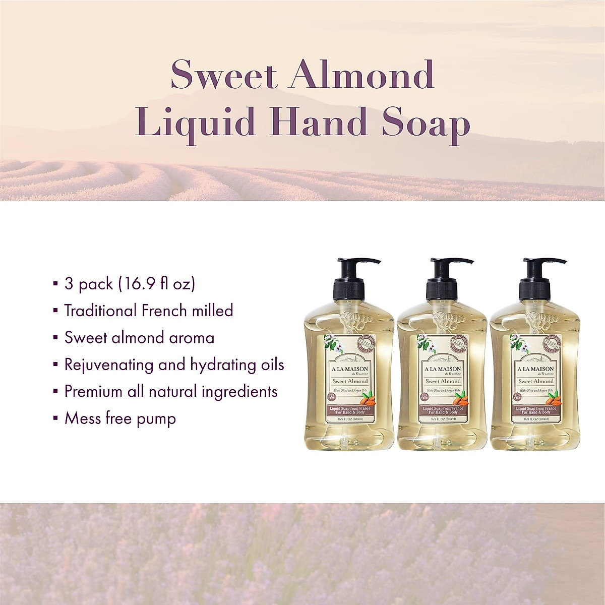 A LA MAISON French Liquid Hand Soap, Almond - Natural Hand Wash Made with Essential Oils - Biodegradable, Plant-Based, Vegan, Cruelty-Free, Alcohol & Paraben Free (16.9 oz, 3 Pack)