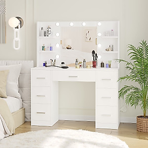 Irontar Vanity Desk, Makeup Vanity with 10 LED Lights & 7 Metal Sliding Drawers, Brightness Adjustable, Vanity Table with 6 Open Shelves, Makeup Table for Women, White WDT005W