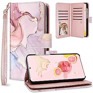 Fingic Galaxy S23 Wallet Case, 9 Card Holder, Rose Gold Marble PU Leather with Detachable Wrist Strap for Women & Girls (6.1 inch)