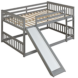 Bellemave Full Over Full Low Bunk Bed with Slide Wood Floor Bunk Beds with Ladder for Kids Boys Girls Teens, Gray