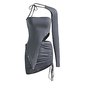 Verdusa Women's 3 Piece Outfit Y2K Tube One Shoulder Top Shrug and Drawstring Ruched Bodycon Mini Skirt Sets Dark Grey XS