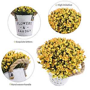 OUIVIAL Artificial Potted Plants - Medium Potted Plants Fake Plastic Flower Eucalyptus Leaves Plants with White Metal Basin for Home, Kitchen, Indoor Outdoor Decor. (Yellow Artificial Potted Plants)