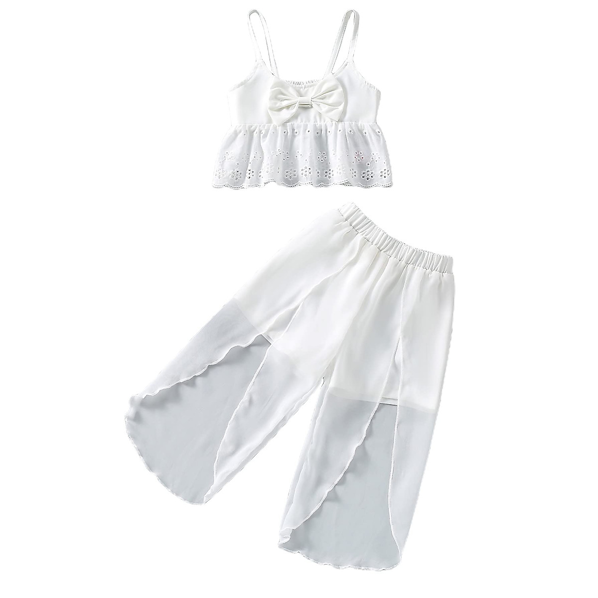 WDIRARA Toddler Girl's 2 Piece Outfit Bow Front Ruffle Hem Cami Top Top and Split Pants Set White 90