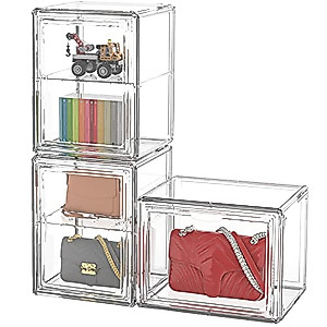 NiHome Clear PET Plastic Purse Handbag Display Case Magnetic Door Storage Organizers for Closet 3-Pack, Anti Dust Stackable Bag Container Boxes for Collectibles Wallets Cosmetics Books Toys (Large)