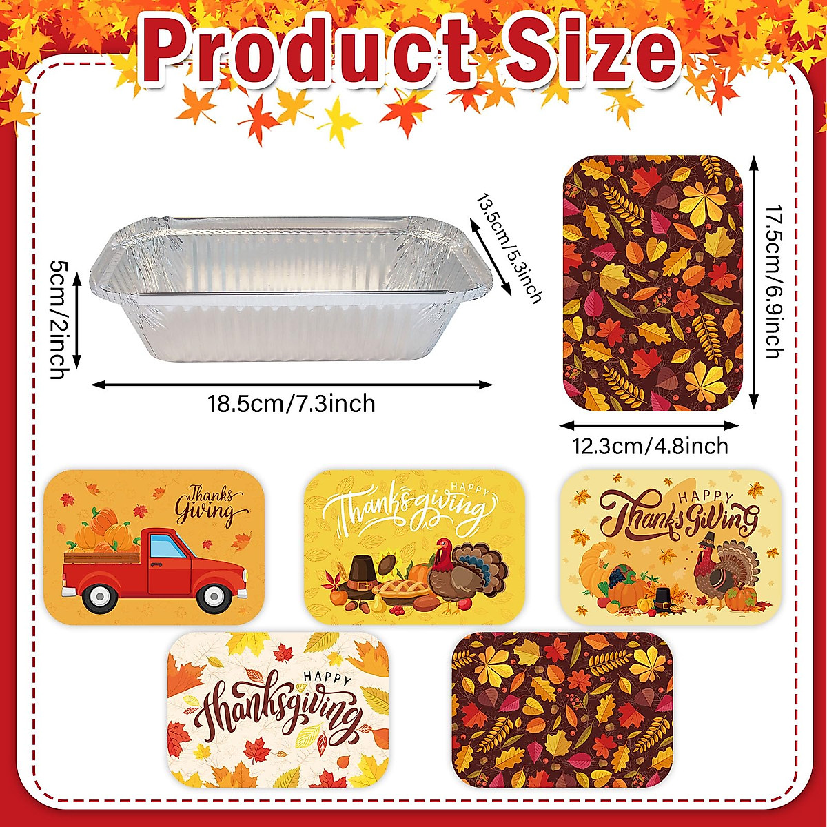 50Pcs Thanksgiving Take Home Containers Aluminum Food Containers with Lids Autumn Leftover Disposable Fall Hosting Essentials Party Favor Baking Cake Pans for Cooking,Heating,Roasting,BBQ 7.3x5.3 Inch