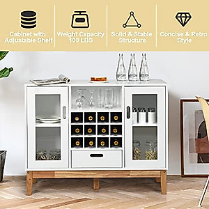 PETSITE White Sideboard Buffet Storage Cabinet with Removable Wine Rack, Glass Doors, Open Shelf & Drawer, Wood Accent Console Table for Living Room, Entryway