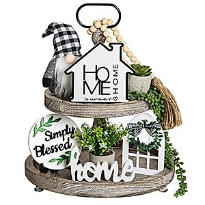 11 Pcs Farmhouse Tiered Tray Decor Set with Artificial Succulents Plants, Home Sweet Home Wooden Sign, Wooden Bead Garland Black White Buffalo Plaid Gnome (Tiered Tray Not Included)