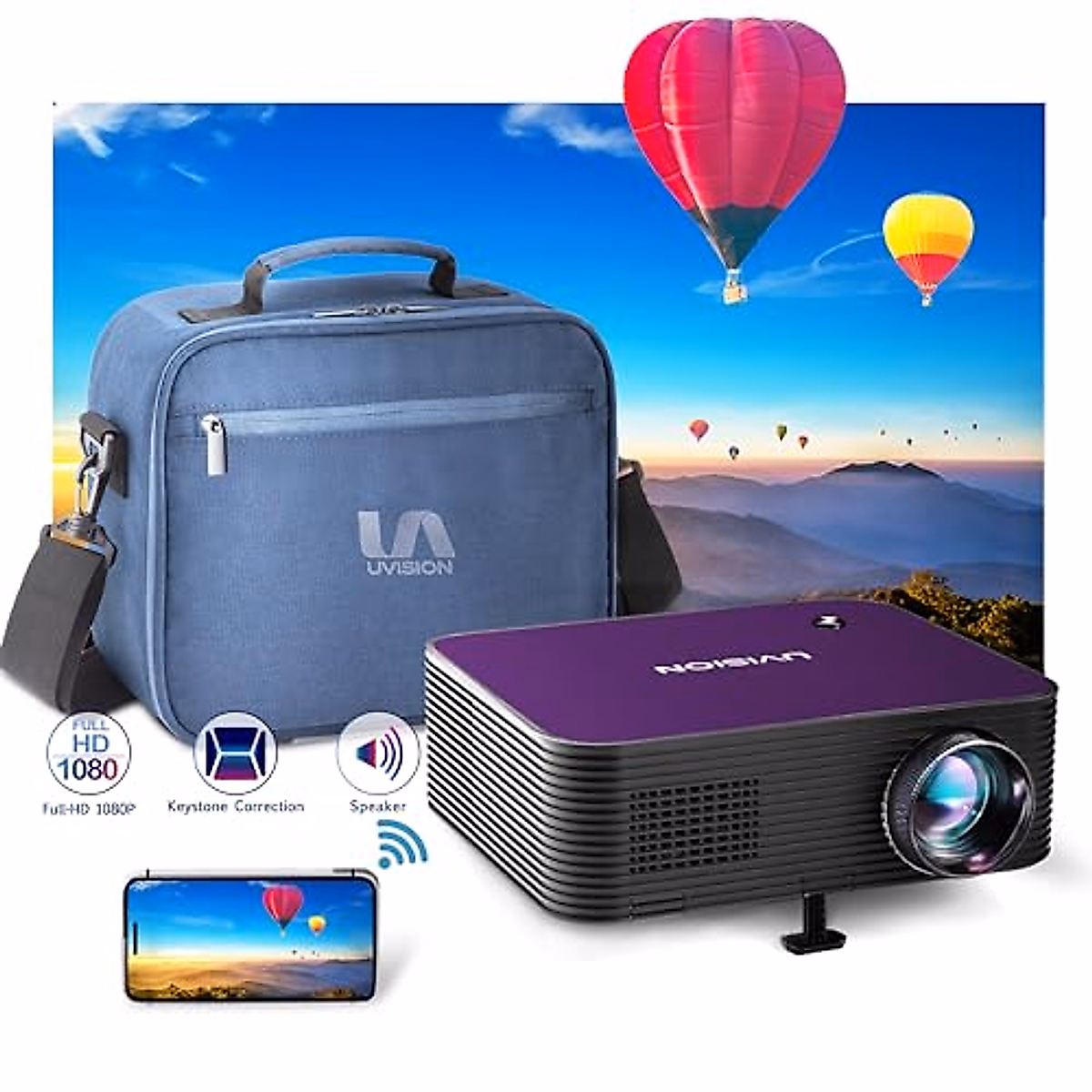 UVISION Native 1080P Full HD Wireless Projector, Keystone Correction and Dust-Proof Design, Home Theater & Office Projector, Compatible: Roku, FireTV, Laptop, Phone, Tablets, PS5