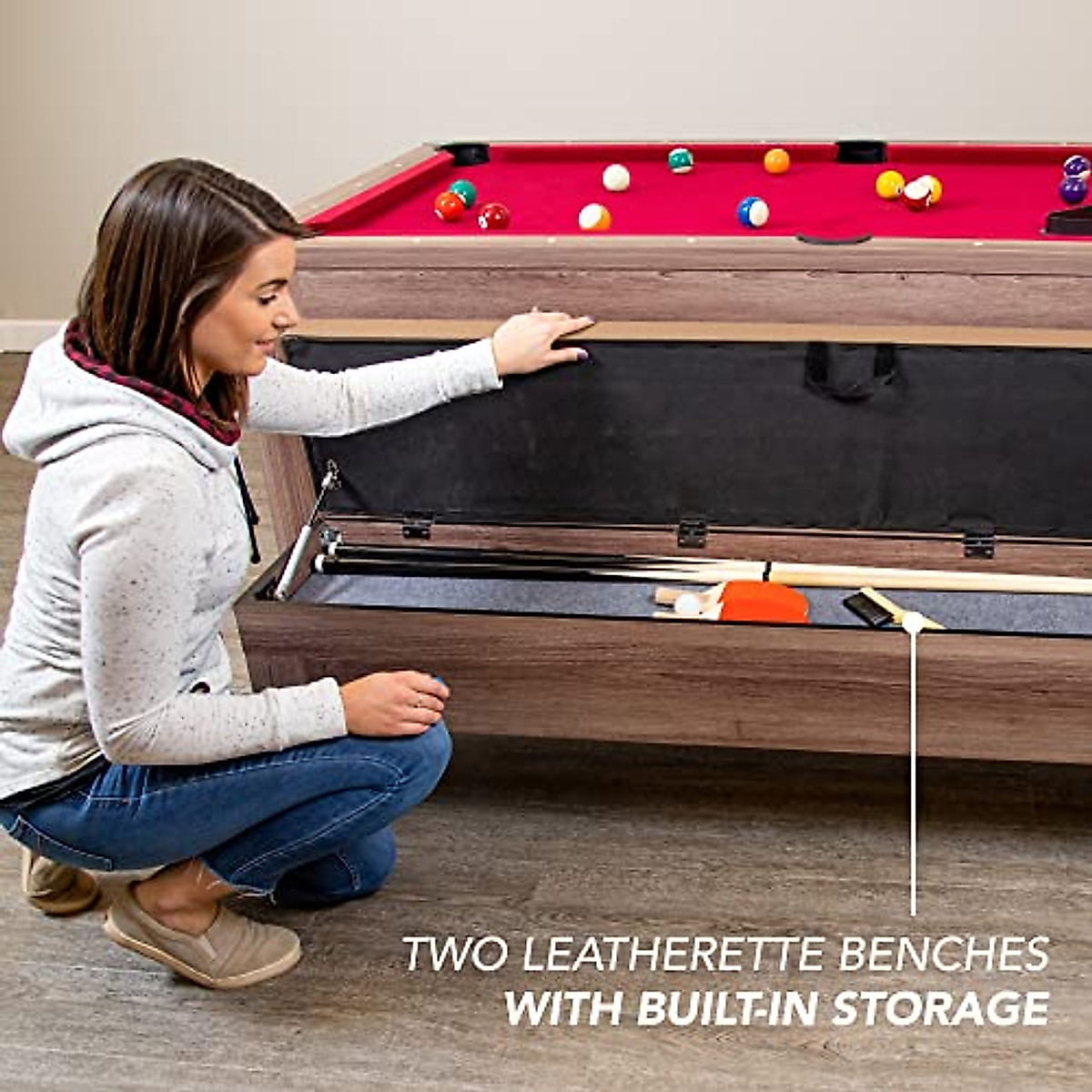Hathaway Newport 7-ft Pool Table Tennis Combination with Dining Top, Two Storage Benches with Accessories - Driftwood