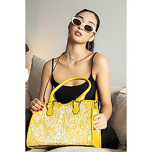 Mauzari Tooled Leather Shoulder Bag Tote for Women (Obsidian, Large)