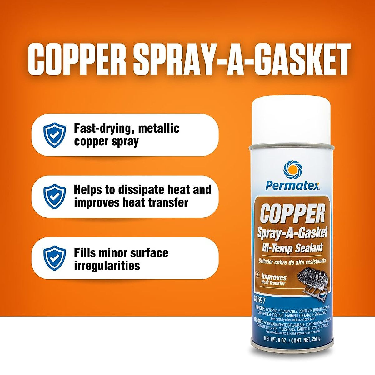 Permatex 80697 Copper Spray-A-Gasket Hi-Temp Adhesive Sealant, 9 oz. net Aerosol Can , Orange