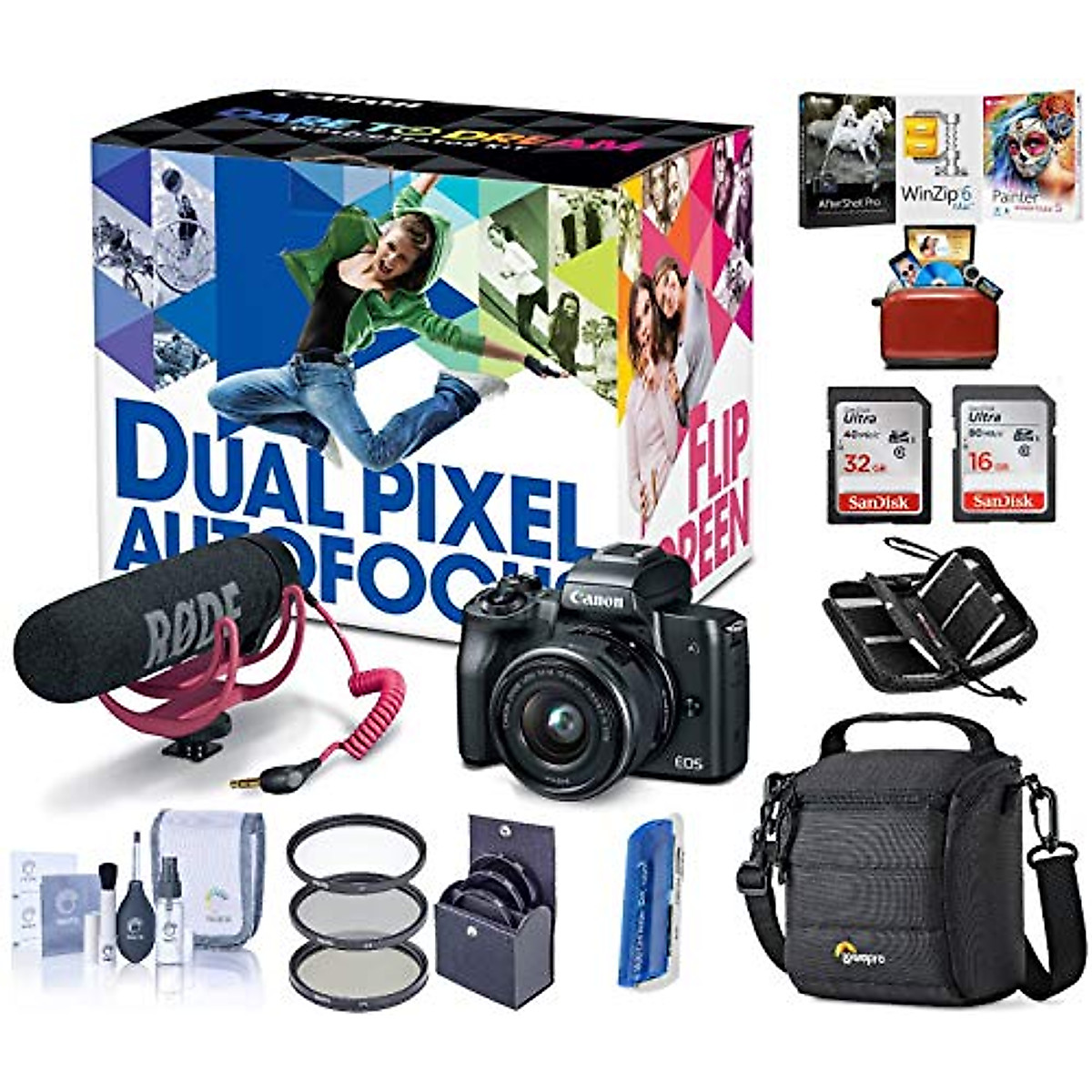 Canon EOS M50 Mirrorless Camera Video Creator Kit w/EF-M 15-45mm Lens, Black, Bundle with Rode VideoMic GO, Cam Bag, 32+16GB SD Card + Case, Filter Kit, Cleaning Kit, Mac Software Kit, Card Reader