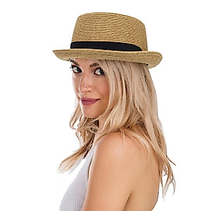 Pork-Pie-Hat-for-Men-Women Straw-Boater-Hat Summer-Sun-Derby-Fedora with Bowknot
