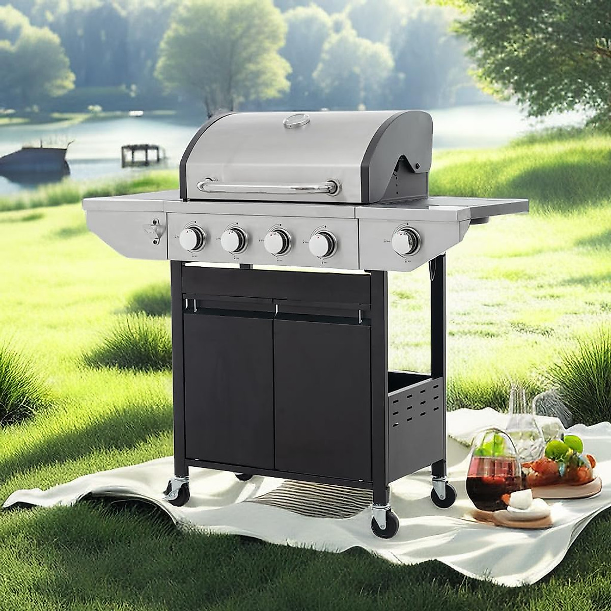 4-Burners Propane Gas BBQ Grill with Side Burner and Thermometer, Cart Style Outdoor Stainless Steel Cooking Barbecue Propane Grill for Backyard Barbecue Camping
