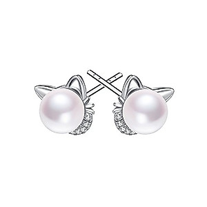 Sterling Silver Cat Earrings Freshwater Pearl Stud Earrings for Women