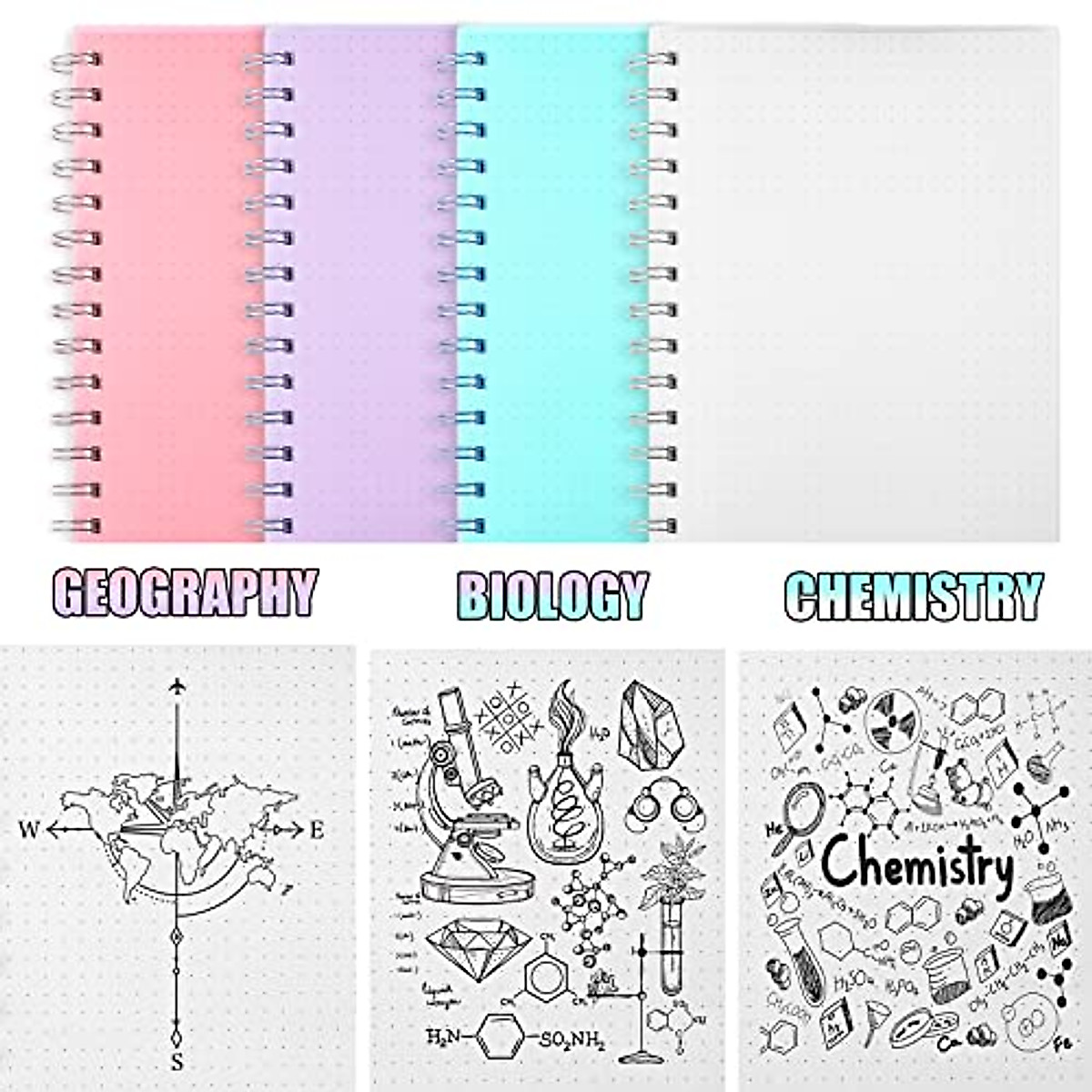 EOOUT Dotted Journal Spiral Notebook 4 Pack A5 Spiral Dot Grid Notebook for School, Office, Artist Writing Drawing, 100 Sheets/200 Pages, Blue, Pink, Purple, Transparent