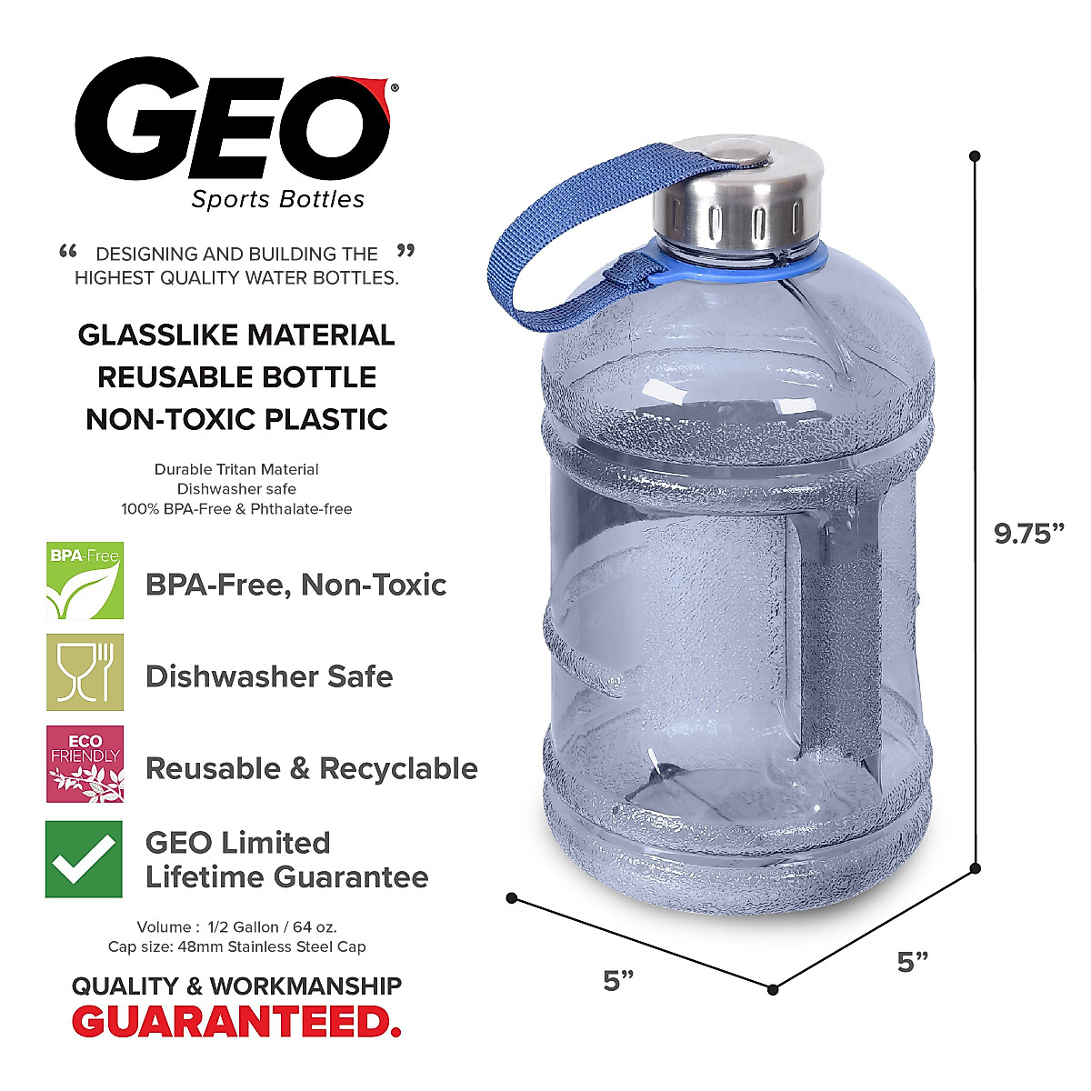 Geo Sports Bottles 1/2 Gallon (64 oz) BPA Free Reusable Leakproof Wide Mouth Sports Water Jug Bottle with Handle and 48mm Stainless Steel Cap (Natural Blue)