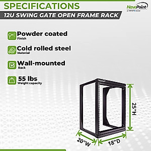 NavePoint 12U Server Rack with Swing Gate - 12U Wall Mount Rack for 19 Inch IT Equipment Open Frame Rack – Network Rack Wall Mount for AV & Server Equipment 18” Deep 12U Rack, Black