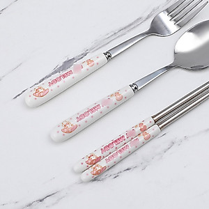 Cartoon Print Portable Utensils with Case Kawaii Kitty Reusable Flatware Set Chopsticks Fork Spoon Set for Travel Picnic(SCF-MLD)