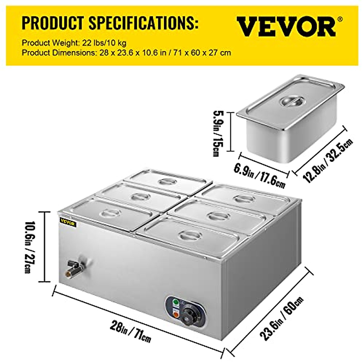 VEVOR 110V 6-Pan Commercial Food Warmer 850W Electric Countertop Steam Table 15cm/6inch Deep Stainless Steel Bain Marie Buffet Large Capacity 6x7 Quart, Silver