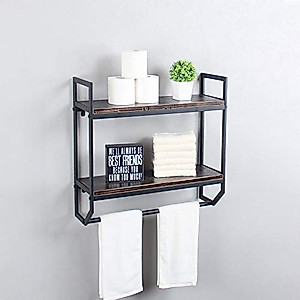 OISSIO Bathroom Shelves Wall Mounted,2 Layer Bathroom Shelf with Towel Bar,Storage Shelves for Kitchen,Metal&Wood Floating Shelves, Rustic Industrial Bathroom Shelves,Vintage Black