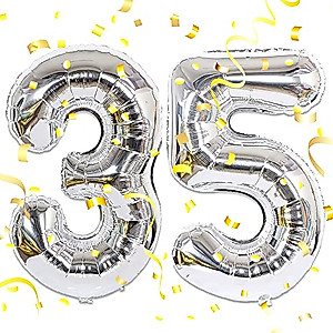Number 35 Balloon 40 Inch Giant Foil Helium Balloons Jumbo 35 Number Balloons for Birthday Anniversary Festival Party Home Office Decor, Silver 35