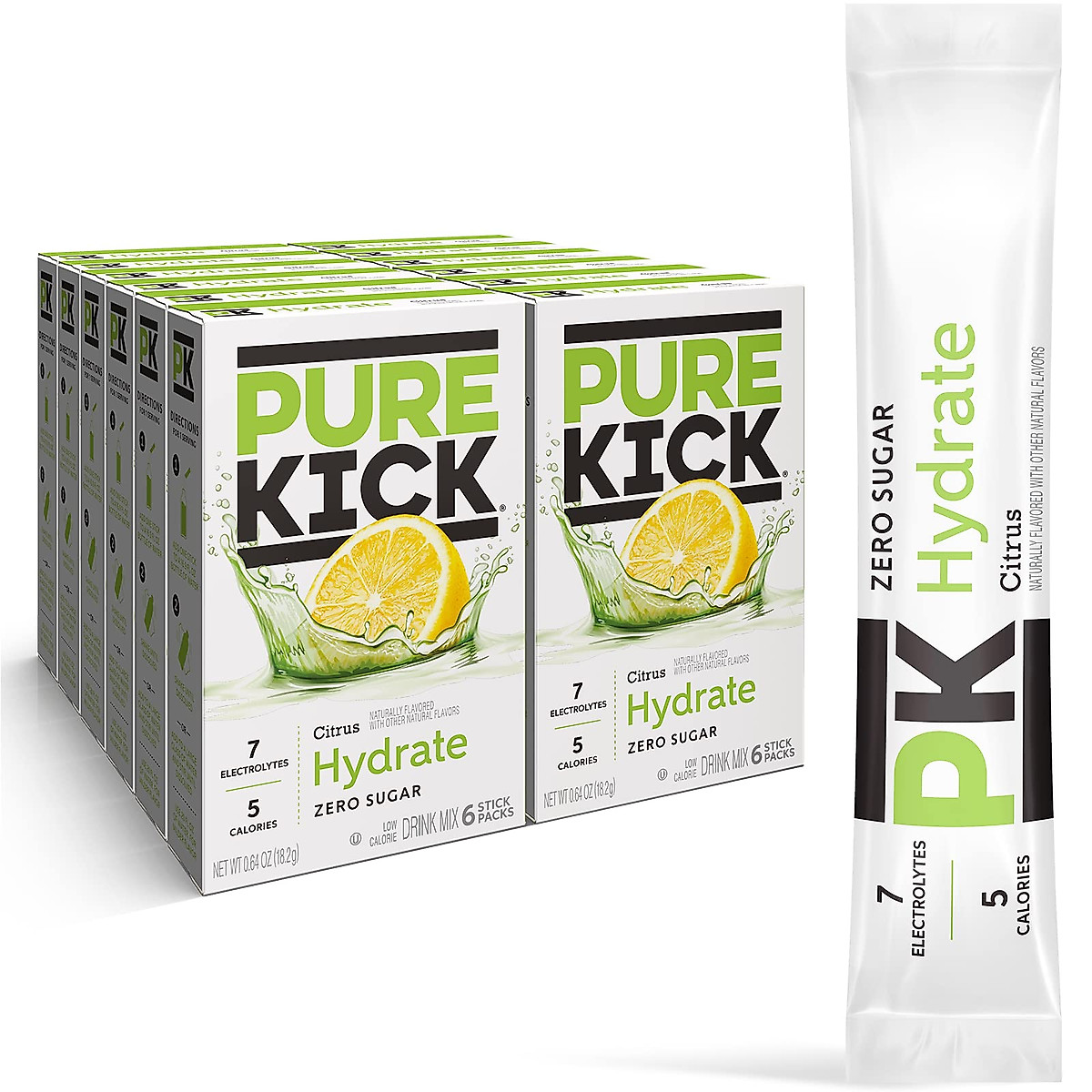 PURE KICK Hydration Singles To Go Drink Mix, Citrus, Includes 12 Boxes with 6 Packets in each Box, 72 Total Packets