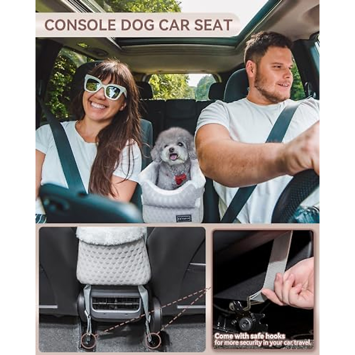 PETSFIT Center Console Dog Car Seat with Safe Protection Hooks, Pet Car Seat with Upgraded Safety Tethers, Washable Cushion, Console Dog Car Seats for Small Dogs Up to 12 Lbs(Grey)