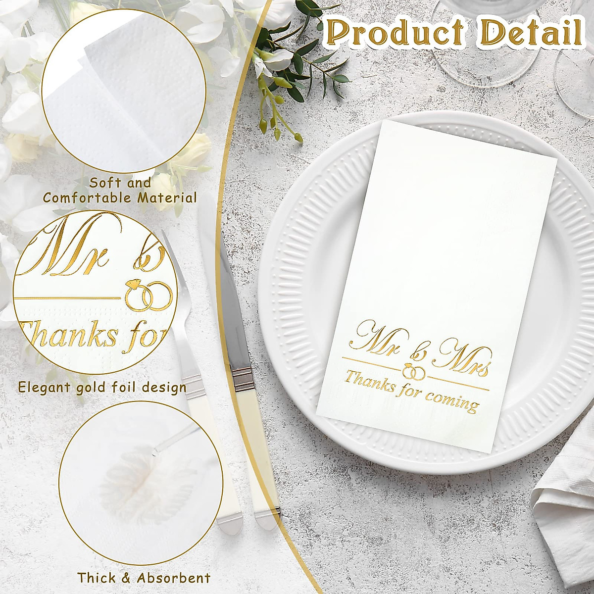 100 Pieces Wedding Napkins for Reception Disposable Bridal Shower Napkins Gold Foil Wedding Decorations for Wedding Shower Engagement Party Decorations Cocktail Beverage Dessert (Simple Styles)