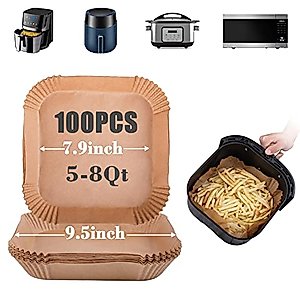 GOAUS Air Fryer 100 Pcs Square Paper Liners Disposable Large for 5 to 8 Qt Basket, 7.9 inch Unbleached Non-stick Oil-proof Parchment Paper