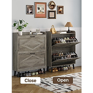 OtterOasis Shoe Storage Cabinet with 2 Flip Drawers, Farmhouse Narrow Shoe Cabinet for Entryway, Slim Shoe Organizer Cabinet with Wood Legs, Washed Gray