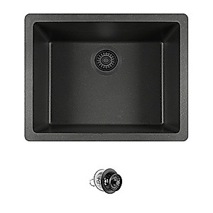 MR Direct 808-BL-CST Black Dual-Mount Granite 21-5/8 in. Single Bowl Kitchen Sink Matching 1 Colored Strainer
